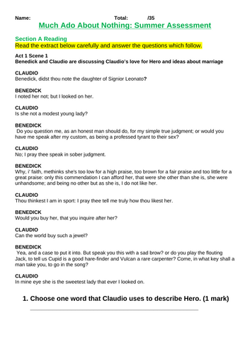 'Much Ado About Nothing' and Creative Writing KS3 Assessment | Teaching ...