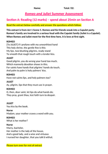 'Romeo and Juliet' and Creative Writing KS3 Assessment | Teaching Resources