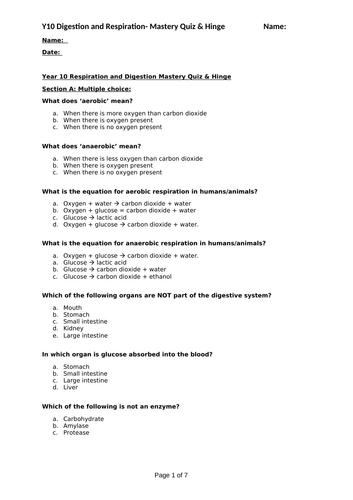 Respiration and digestion Test (Questions only) | Teaching Resources