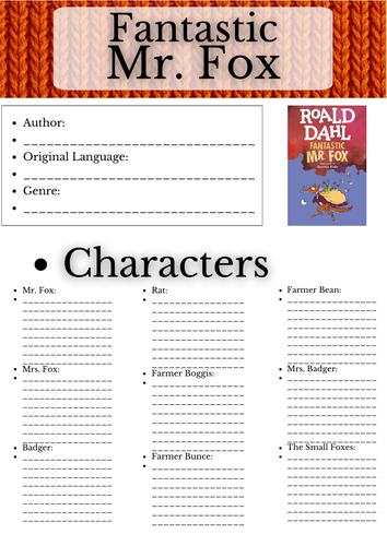 Fantastic Mr Fox Worksheets Fantastic Mr. Fox Novel Study Unit