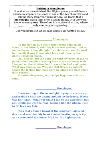 The Highwayman character monologues KS2 | Teaching Resources
