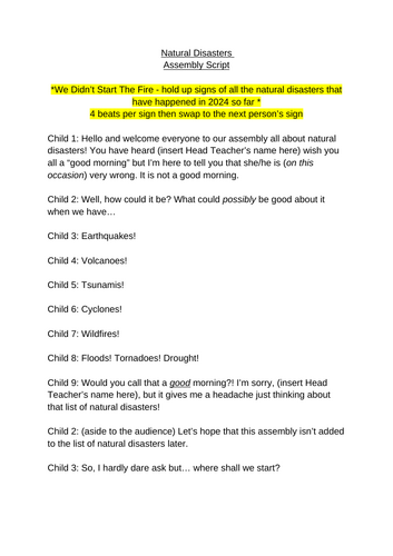 Natural Disasters Class Assembly Script | Teaching Resources