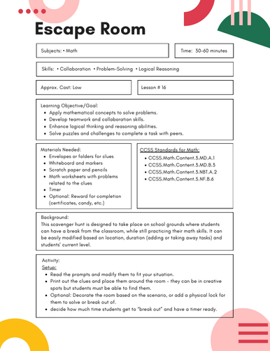 Math Escape Room Lesson Plan | Teaching Resources