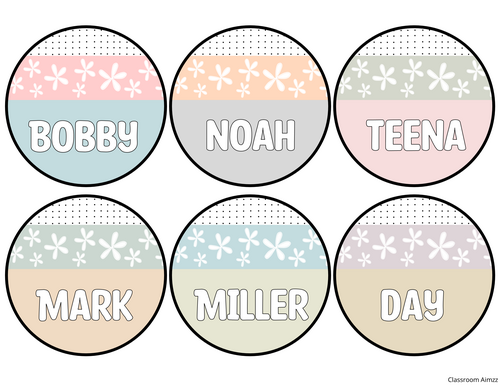 Printable Boho Dotty Floral Student Name Labels, Calm Colors Classroom ...