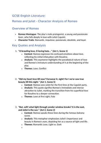 Character Analysis Romeo - Romeo and Juliet | Teaching Resources