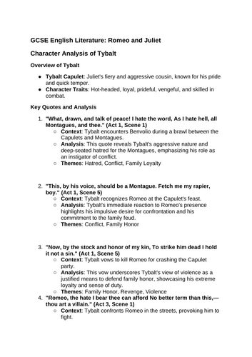 Character analysis - Tybalt (Romeo and Juliet) | Teaching Resources
