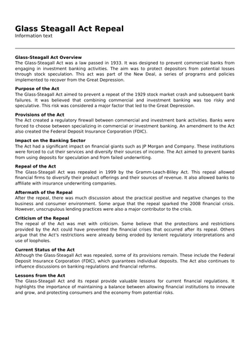 Glass Steagall Act Repeal | Teaching Resources