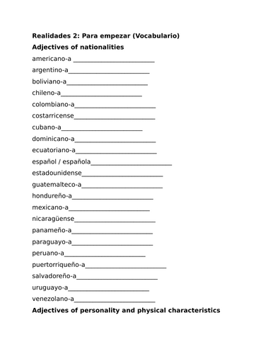 Realidades 2: Para empezar vocab list | Teaching Resources