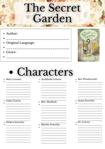 ESL Novel Study Worksheets on "The Secret Garden" by Frances Hodgson ...