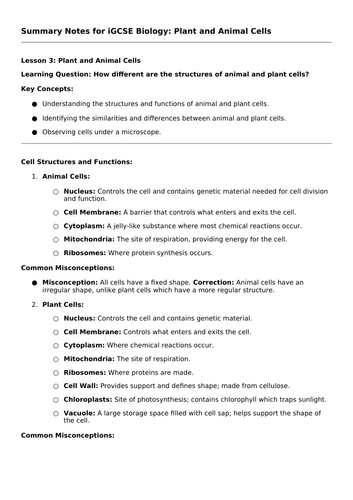 **iGCSE Biology Edexcel - PLANT & ANIMAL CELLS** | Teaching Resources