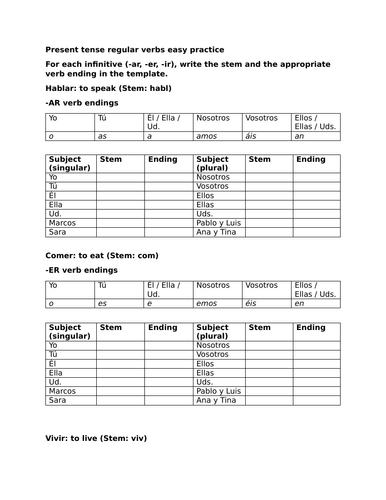 Present tense regular verbs easy practice | Teaching Resources