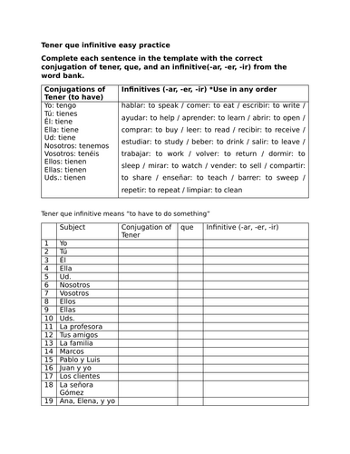 Tener que infinitive easy practice | Teaching Resources