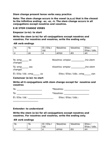 Stem change present tense verbs easy practice | Teaching Resources
