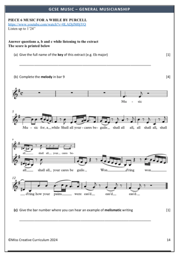 GCSE MUSIC - GENERAL MUSICIANSHIP (melodic dictation) | Teaching Resources