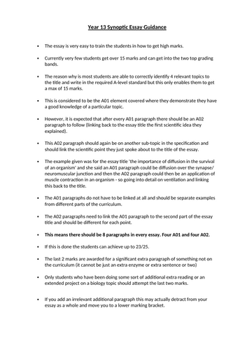 A-Level AQA Biology - Synoptic Essay Guidance | Teaching Resources