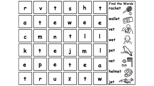 Words with ET Wordsearch and Worksheets | Teaching Resources
