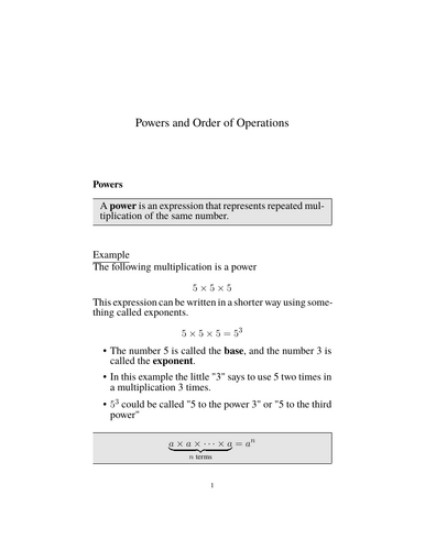 Powers and Order of Operations Notes and Worksheets (with solutions ...