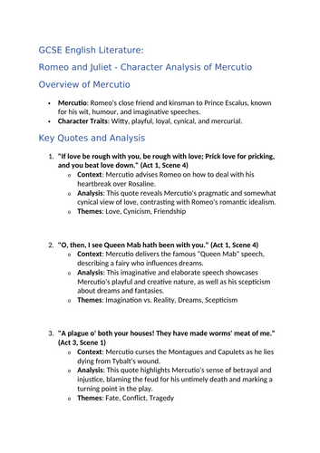 Character analysis - Mercutio (Romeo and Juliet) | Teaching Resources