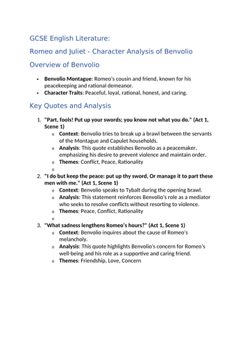 Benvolio character analysis - Romeo and Juliet | Teaching Resources