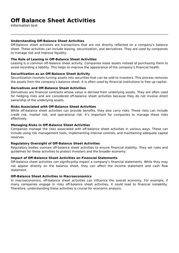 Off Balance Sheet Activities | Teaching Resources