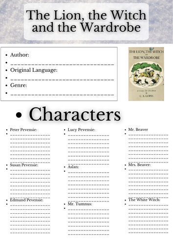 ESL Novel Study Worksheets - "The Lion, the Witch and the Wardrobe" by ...