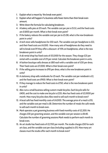Breakeven Question Bank Business GCSE A Level BTEc Level 3 | Teaching ...