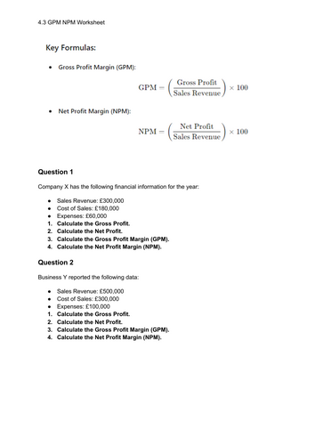 Business Gross Net profit Margin Worksheet Activity GCSE A Level BTEC ...
