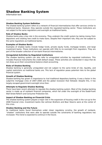 Shadow Banking System (Infotext and Exercises) | Teaching Resources