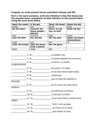 Irregular yo verbs present tense worksheet (choose and fill) | Teaching ...