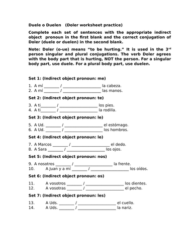 Duele o Duelen (Doler worksheet practice) | Teaching Resources
