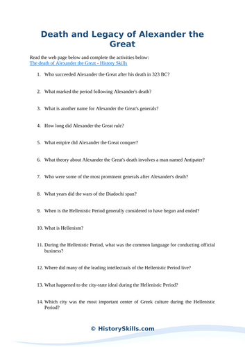 Death and Legacy of Alexander the Great Reading Questions | Teaching ...