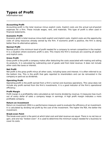 Types of Profit (Infotext and Exercises) | Teaching Resources