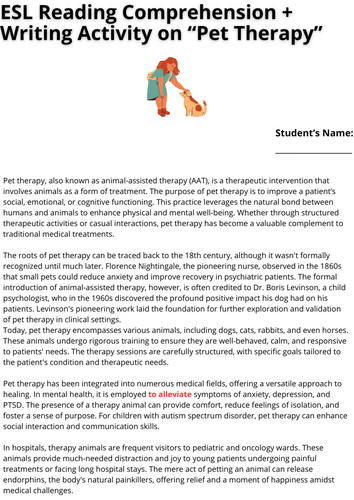 ESL Reading Comprehension + Writing Activity Worksheets on Pet Therapy ...