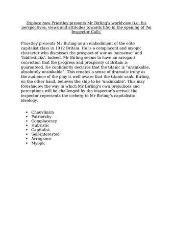 Exam Revision Lesson 3 - An Inspector Calls | Teaching Resources