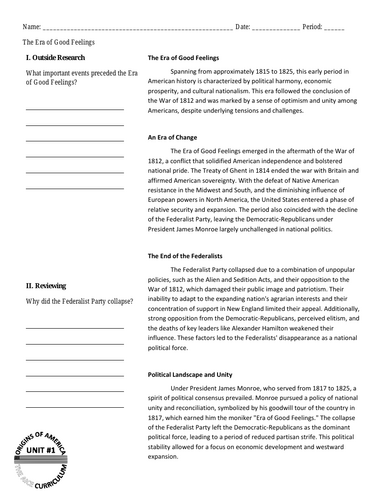 The Era of Good Feelings Summary | Teaching Resources