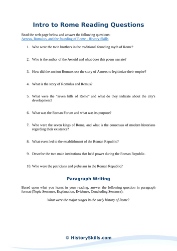 Early History of Ancient Rome Reading Questions Worksheet | Teaching ...