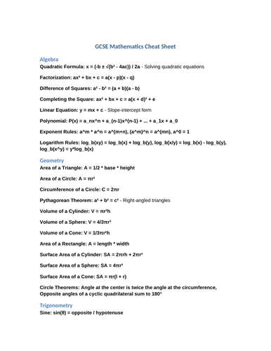 GCSE Mathematics Cheat Sheet - FREE | Teaching Resources