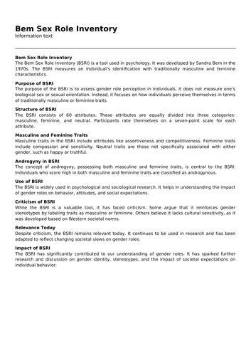 Bem Sex Role Inventory | Teaching Resources