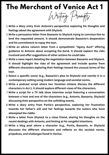The Merchant of Venice Act 1 Post-Reading Creative Writing Prompts ...