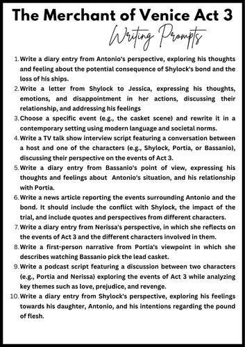 The Merchant of Venice Act 3 Post-Reading Creative Writing Prompts ...
