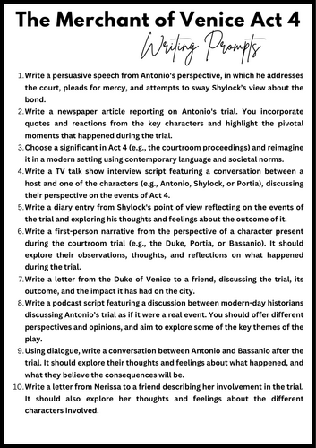 The Merchant of Venice Act 4 Post-Reading Creative Writing Prompts ...
