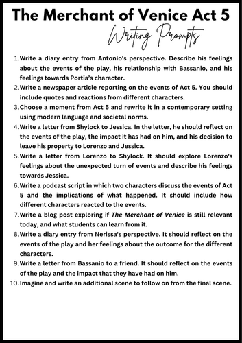 The Merchant of Venice Act 5 Post-Reading Creative Writing Prompts ...