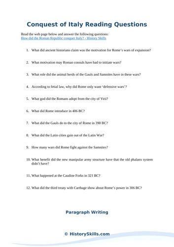 Rome's Conquest of Italy Reading Questions Worksheet | Teaching Resources