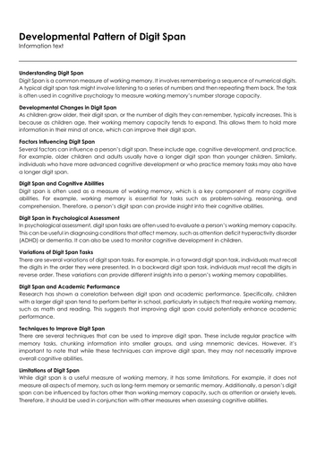 Developmental Pattern of Digit Span | Teaching Resources
