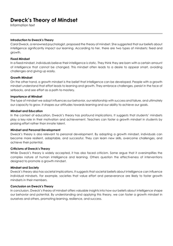 Dweck's Theory of Mindset | Teaching Resources