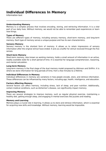 Individual Differences In Memory | Teaching Resources