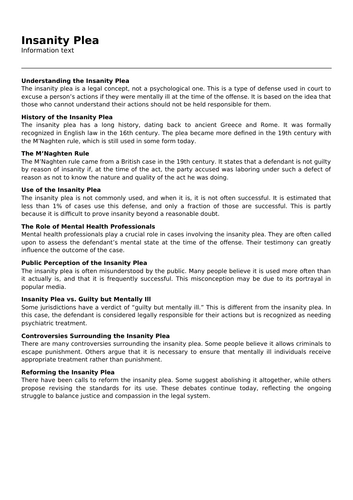 Insanity Plea | Teaching Resources
