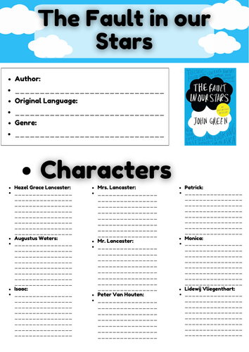 ESL Novel Study Worksheets on "The Fault in our Stars" by John Green ...