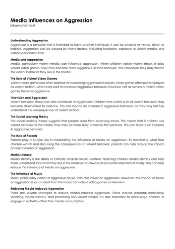 Media Influences on Aggression | Teaching Resources
