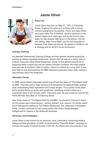 Food KS3 Cover Work - Jamie Oliver Bio Comprehension | Teaching Resources